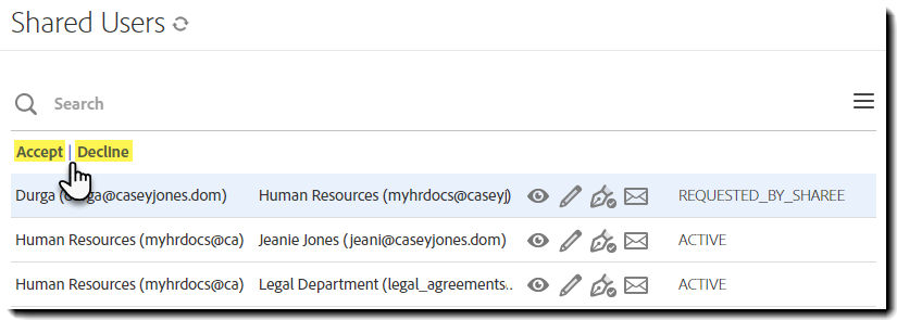 Manage the User and Group content shares within the account